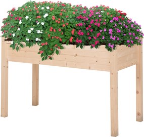Outsunny Vyvýšená Městská Zahrada z Přirozeného Dřeva 122,5x56,5x76 cm - Vyvýšený Zahradní Stůl s Netkanou Textilií a 4 Odtokovými Otvory pro Rostliny