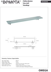 Bemeta Design OMEGA: Polička, 600 mm, sklo - 104202042