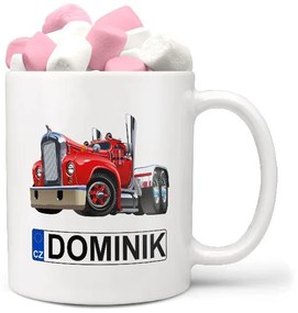 Hrnek SPZ se jménem – barevný kamion (Jméno: Dominik, Náplň hrníčku: Marshmallow)