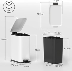 HOMCOM Pedálový odpadkový koš 5 l s víkem a nožním pedálem, kovový vnitřní koš v bílé barvě 29,2x14x32 cm, ideální do obývacího pokoje a kanceláře | …