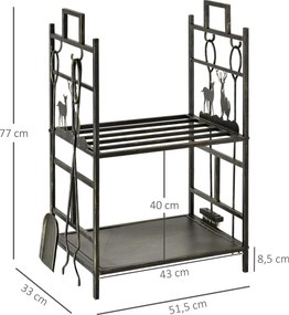Outsunny Stojan na Dřevo s Nástroji do Krbu, Regál na Dřevo, Skladování Dřeva, Nástroje do Krbu Železo Černé+Zlaté 51,5x33x77 cm