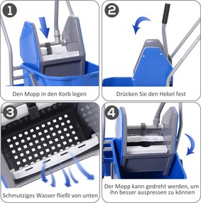 HOMCOM Úklidový vozík, vozík na mop, objem 25 l, 4 kolečka, plast, modrý