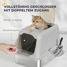 PawHut krytý kočičí záchod s nerezovou vanou — proti roznášení steliva, nepropustný, snadné čištění; pro velké kočky do 8 kg, 60,4 x 40,4 x 41,8 cm, …