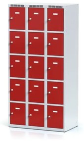 Alfa 3 Šatní skříňka s úložnými boxy, 15 boxů, červené dveře, cylindrický zámek