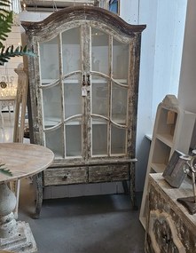 Béžovo-hnědá antik dřevěná skříň s prosklenými dveřmi Billy - 109*41*198 cm