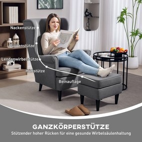 HOMCOM Křeslo s opěrkou a podnožkou - Moderní křeslo s látkovým vzhledem, bederním polštářem, pohodlné křeslo s opěrkami do obývacího pokoje Šedé