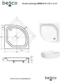 Hopa DIPER II sprchová vanička 90 x 90 cm čtvrtkruhová VANKDIPERII90