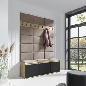 Eka Předsíňová stěna s čalouněnými panely Trinity 6 - Dub Artisan s černou / Tmavá béžová 2305