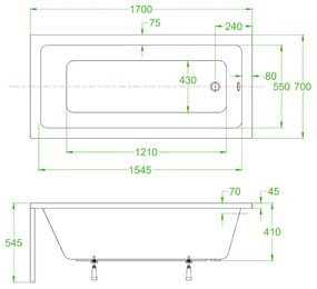 BPS-koupelny Akrylátová obdélníková vana k vestavbě HYD-NIL170-VEST 170x70 cm bílá, odtokový komplet chrom