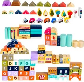 Montessori dřevěné kostky Kruzzel 23519 s podložkou veselé město 115 ks