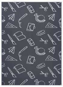 Dětský kusový koberec SCHOOL Škola, sešit, tužka, pravítko, pouzdro, šedý Rozměr: 100x250 cm
