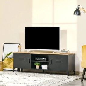 HOMCOM TV Stojan pro televizory do 55'' s 2 skříňkami, nastavitelné nohy, černý kovový rám, přírodní dřevěný vršek, 150 x 40 x 50 cm