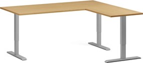 Rohový výškově nastavitelný stůl, 180x160 cm, 3 motory, L/P, šedá podnož, buk