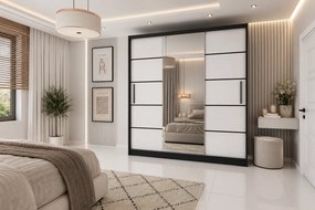 Šatní skříň 200 cm Belini černý mat / bílý mat s posuvnými dveřmi zrcadlem a zásuvkami  MT SZP5/1/B/W/0/KLP