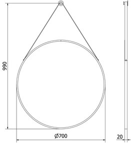 Mexen String, kulaté koupelnové zrcadlo na pásku 70 cm, barva rámu černá matná, 9854-070-070-000-70