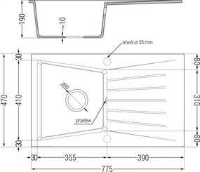 Mexen Cesar, granitový dřez 775x470x190 mm, 1-komorový, béžová s černým sifonem, 6514771010-69-B
