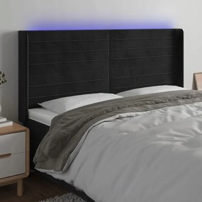 Čelo Postele S Led Tmavě Modré Samet Černá 203 x 16 x 118/128 cm