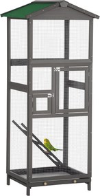 PawHut Velká Klec pro Ptáky z Masivního Dřeva s 2 Dveřmi, Asfaltovou Střechou a Odnímatelným Podnosem - 68 x 63 x 165 cm Šedá