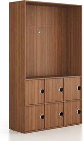 Kancelářská skříň FRAME, 6x dveře, prostor pro TV, 1299 x 450 x 2162 mm, kódový zámek, ořech
