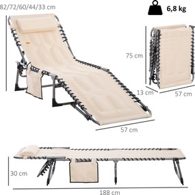 Lehátko, Skládací zahradní lehátko, Skládací lehátko s polštářem, 5stupňové opěradlo, Oxfordská tkanina, 188 x 57 x 30 cm, Béžová barva
