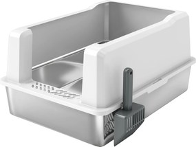 PawHut XXL Voděodolná toaleta pro kočky, kočičí toaleta s vyššími stěnami, nerezový zásobník a lopatka, kočičí toaleta v ABS, 71x50.8x35.5 cm, Bílá