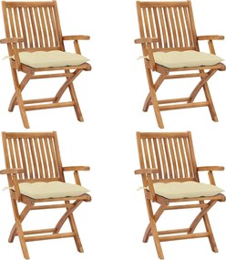 vidaXL Skládací zahradní židle s poduškami 4 ks masivní teak [3072738] Barva: krémová