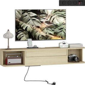 HOMCOM závěsný televizní nábytek, TV stolek pro televizi 127 cm, zásuvka, police, průchodky na kabely, 120x24x22,4 cm, vzhled přírodního dřeva