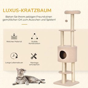 PawHut Kočičí škrabadlo Výška 148 cm Kočičí věž se sisalovými sloupky 3 platformy Dům a zavěšená kulička Béžová