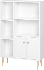 HOMCOM Skandinávská Knihovna s Úložným Prostorem, rozměry 80 Š x 23,5 H x 123 V cm, 5 nik, skříňka, 2 dveře, zúžené nohy z masivního borovicového dře…