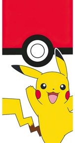 Carbotex Dětská plážová osuška POKÉMON POKÉBALL A PIKACHU, červeno-bílá, froté, 70x140cm