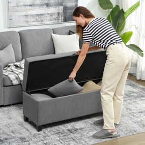 HOMCOM Lavice s úložným prostorem, polstrovaná lavice 120x40x48 cm s bezpečnostními panty, lněný vzhled, tmavě šedá