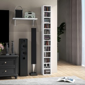 HOMCOM Úložný sloupec na CD a DVD, regál s 12 přihrádkami, kapacita max. 204 CD, 21 x 20 x 175 cm, bílá