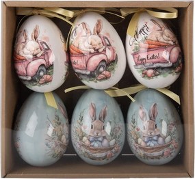 6ks dekorace bílé a modré závěsné vajíčko s králíčky Spring Egg - Ø 7*10 cm