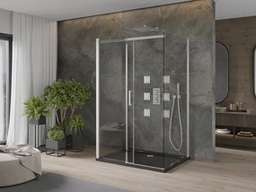Mexen Omega, 3-stěnový sprchový kout s posuvnými dveřmi 140 (dveře) x 100 (stěna) x 190 cm, 8mm čiré sklo, chromový profil + černá sprchová vanička SLIM, 825-140-100-01-00-3S-4070