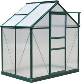 Outsunny Polykarbonátový Zeleninový Skleník 2,51 m² Hliníkový Skleník 190 x 132 x 201 cm UV-odolný, se Zpevněným Základem, Okapem, Střešním Okénkem a