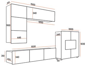 GAB Obývací stěna LORONA 3, Zlatý dub 150 cm