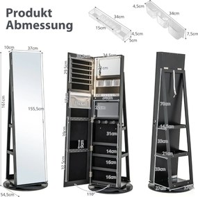Costway Otočná skříňka na šperky o 360° s tříbarevnými LED světly Volně – černý