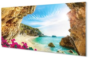 Obraz na skle Řecko pobřeží útesy květiny 100x50 cm