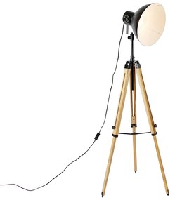 Průmyslová stojací lampa na trojnožce černá se dřevem - Mangoes