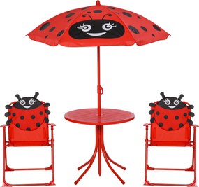 Outsunny Dětská zahradní sada stolu a židlí s piknikovou skládací sadou pro děti se slunečníkem s nastavitelnou výškou 100-125 cm, design berušky