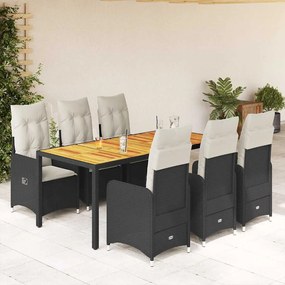 7dílný zahradní bistro set s poduškami černý polyratan