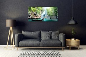 Obraz na skle Hora Voda Loďka Příroda 140x70 cm
