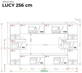 Ral Obývací stěna LUCY 6, 256 cm - Černo/bílý lesk