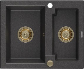 Mexen Carlos, granitový dřez 582x475x177 mm, 1,5-komorový, černá skvrnitá se zlatým sifonem, 6518581500-76-G