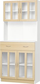 HOMCOM Vysoký kuchyňský bufetový skříň s vícerozměrným úložným prostorem, 4 skleněné dveře, bílé dřevo s posuvnou zásuvkou a širokou plochou v vzhled…