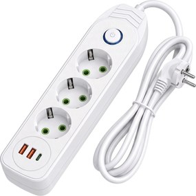 Toolight Toolight, JNH024-3B, prodlužovací lišta 3 zásuvky + 2× USB-A + USB-C, 1,8 m, bílá, OSW-56207