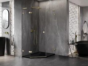 Mexen Lunar, L pětiúhelníkový sprchový kout naklápěcí doleva 80 x 100 cm, 8mm čiré sklo, zlatý matný profil, 831L-080L-100P-55-00-L