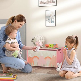 Úložný box s úložným prostorem, box na hračky s bezpečnostním závěsem víka, design roztomilých zvířátek, 60 x 37 x 39 cm, růžová barva