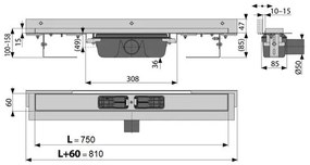 Alcadrain Flexible Podlahový žlab 75 cm s okrajem pro perforovaný rošt a s nastavitelným límcem ke stěně APZ4-750