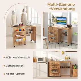 Costway Pojízdný skládací šicí stolek s úložnými boxy, přírodní